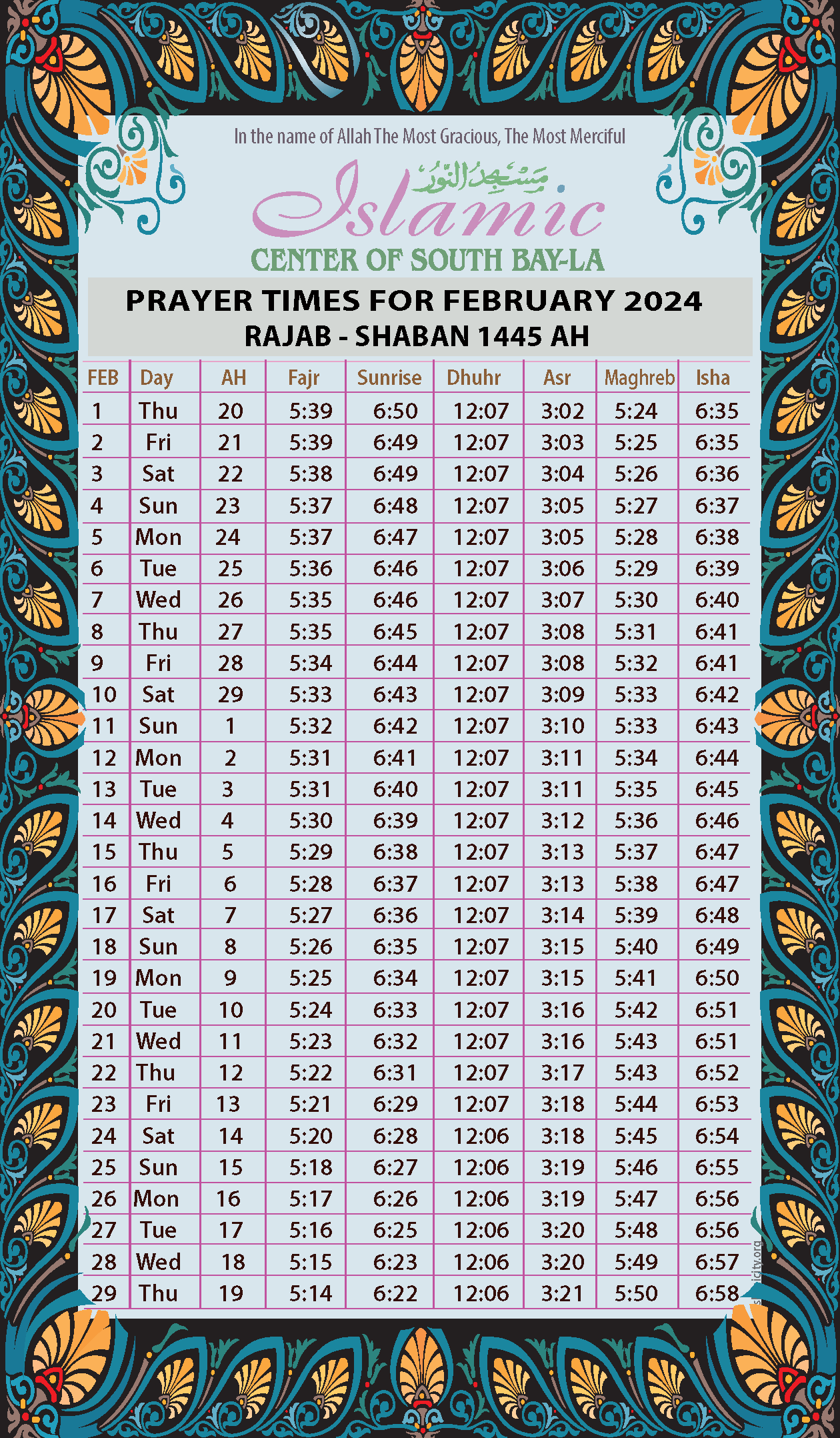 MONTHLY PRAYER TIMINGS – ICSB Website